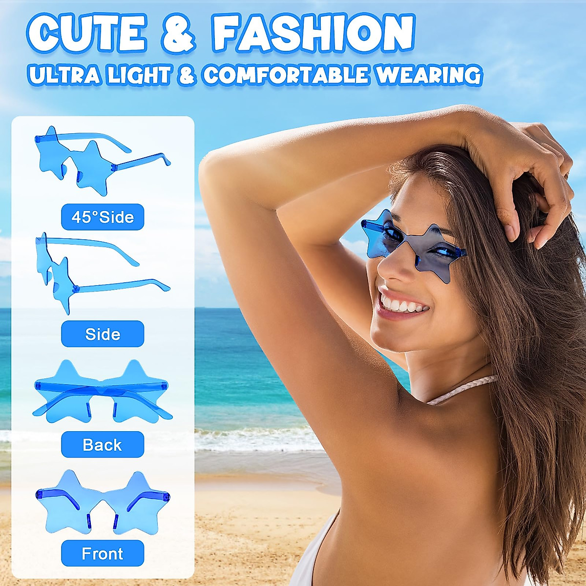 BOUBONI 24 Pack Star Sunglasses Bulk Colorful Rimless Glasses Transparent Candy Color Sunglasses for Adult Kids Ideal Bachelorette Movie Party Favor（12 Colors）