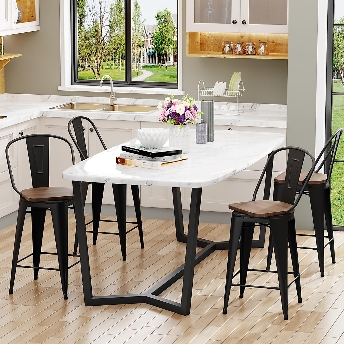 Aklaus Swivel Metal Bar Stools Set of 4 Counter Height Stools Counter Bar Stools with Back Swivel Metal Bar Chairs Wooded Seat 26 Inch Matte Black barstools