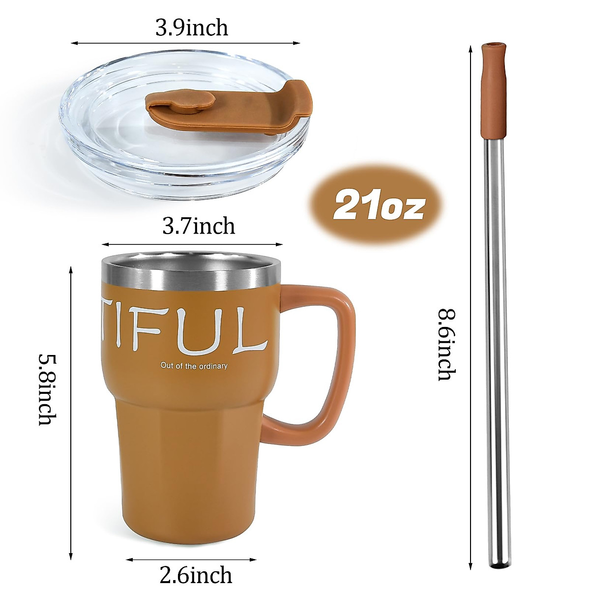 21 oz Insulated Coffee Mug Tumbler with Handle, Stainless Steel Travel Mug Tumbler with Lid and Straw, Coffee Travel Mug Spill Proof with Lid for Keep Hot/Ice Coffee, Brown