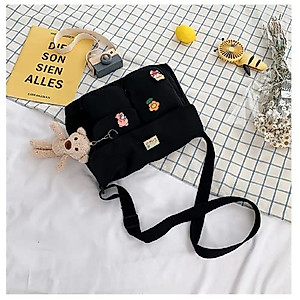 Canvas Crossbody Bag with Kawaii Pins and Pendent,Casual Shoulder Messenger Bag Students Schoolbag for Girls Women