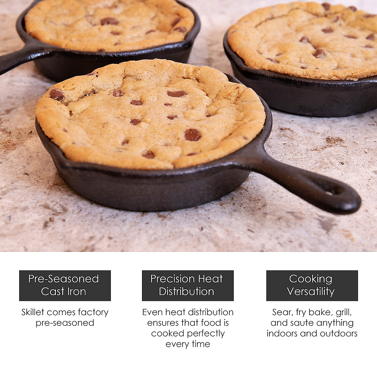 Heavy Duty Pre Seasoned Mini Cast Iron Skillet Set of 3, Oven Safe Cooker, Black