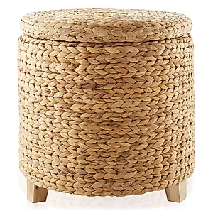 Casafield 17" Round Storage Ottoman with Lid - Natural, Handwoven Water Hyacinth Footstool for Living Room, Bedroom, Bathroom, Home Office