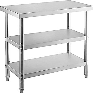 VEVOR Outdoor Food Prep Table, 36x18x34 inch Commercial Stainless Steel Table, 2 Adjustable Undershelf BBQ Prep Table, Heavy Duty Kitchen Work Table, for Garage, Home, Warehouse, and Kitchen Silver