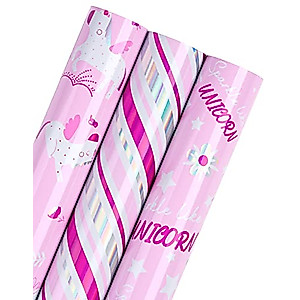 WRAPAHOLIC Wrapping Paper Roll - Mini Roll - 3 Rolls - 17 Inch X 120 Inch Per Roll - Purple Unicorn Design with Silver Foil for Birthday, Holiday, Baby Shower