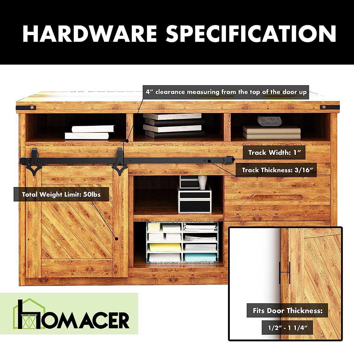 Homacer Mini Black Rustic Non-Bypass Sliding Barn Door Hardware Kit, for One/Single Door, 48-inch Long Flat Track, Diamond Design Roller, Cabinet TV Stand Console Use…