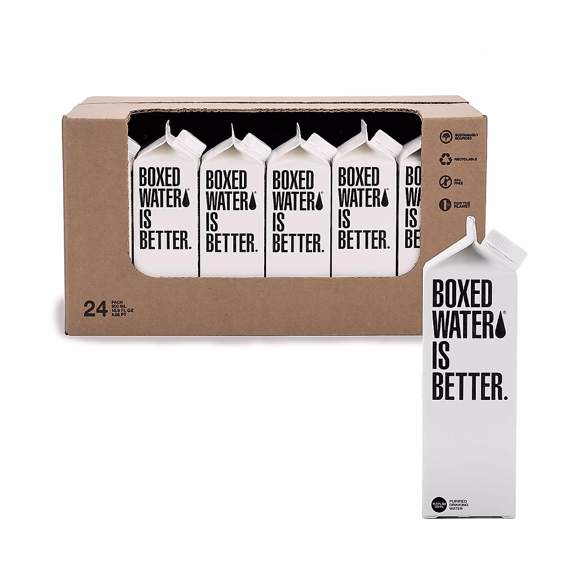 Boxed Water 16.9 oz. (24 Pack) – Purified Drinking Water in 92% Plant- Based Boxes – 100% Recyclable, BPA-Free, Refillable/Reusable Cartons – More Sustainable than Plastic Bottled Water
