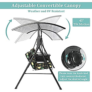 OKL 2-Seat Outdoor Patio Swing Chair, Canopy with Cooler Removable Cushion and Weather Resistant Steel Frame, Hanging Porch for Patio, Garden, Poolside, Balcony, Backyard, Bench, Pineapple