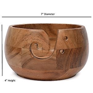 EDHAS Acacia Wood Yarn Bowl Holder | Handmade Holder with Holes | Yarn/Wool/String Storage Accessory (7" x 7" x 4")