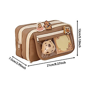 GUANGLU Cute Capybara Pencil Case, Capybara School Supplies, Clear Aesthetic Pencil Pouch with Cute Capybara Pins and Plush, Large Capacity Multi-layers Pen Case