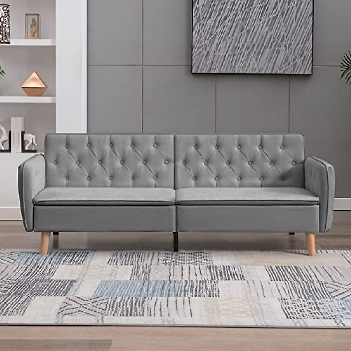 ZAFLY Couch Bed, 76.8'' Loveseat Bed Couches for Living Room, Futon Sofa Deep Seat Beds with Soft Ice and Snow Velvet Sturdy Sleeper Small Space, Bedroom, Apartment, Dorm Light Grey