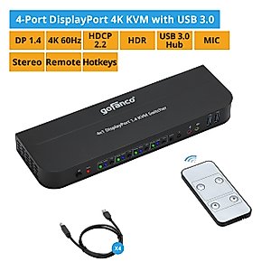 gofanco 4 Port 4K 60HZ DisplayPort KVM Switch with USB 3.0 – DisplayPort 1.4, 4K @60Hz 4:4:4, HDR, HDCP 2.2/1.4, USB Keyboard/Mouse, USB 3.0 Hub, MIC in, Stereo Out, IR Remote, Hotkeys (KVMDP-4P)