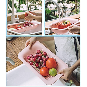 Collapsible Sink Colanders and Strainers Basket Over the Sink Colander Collapsible Colander Extendable Plastic Fruit Vegetable Strainer Drainer Basket for Kitchen(Length 14.3 inch-19.4 inch) (Pink)