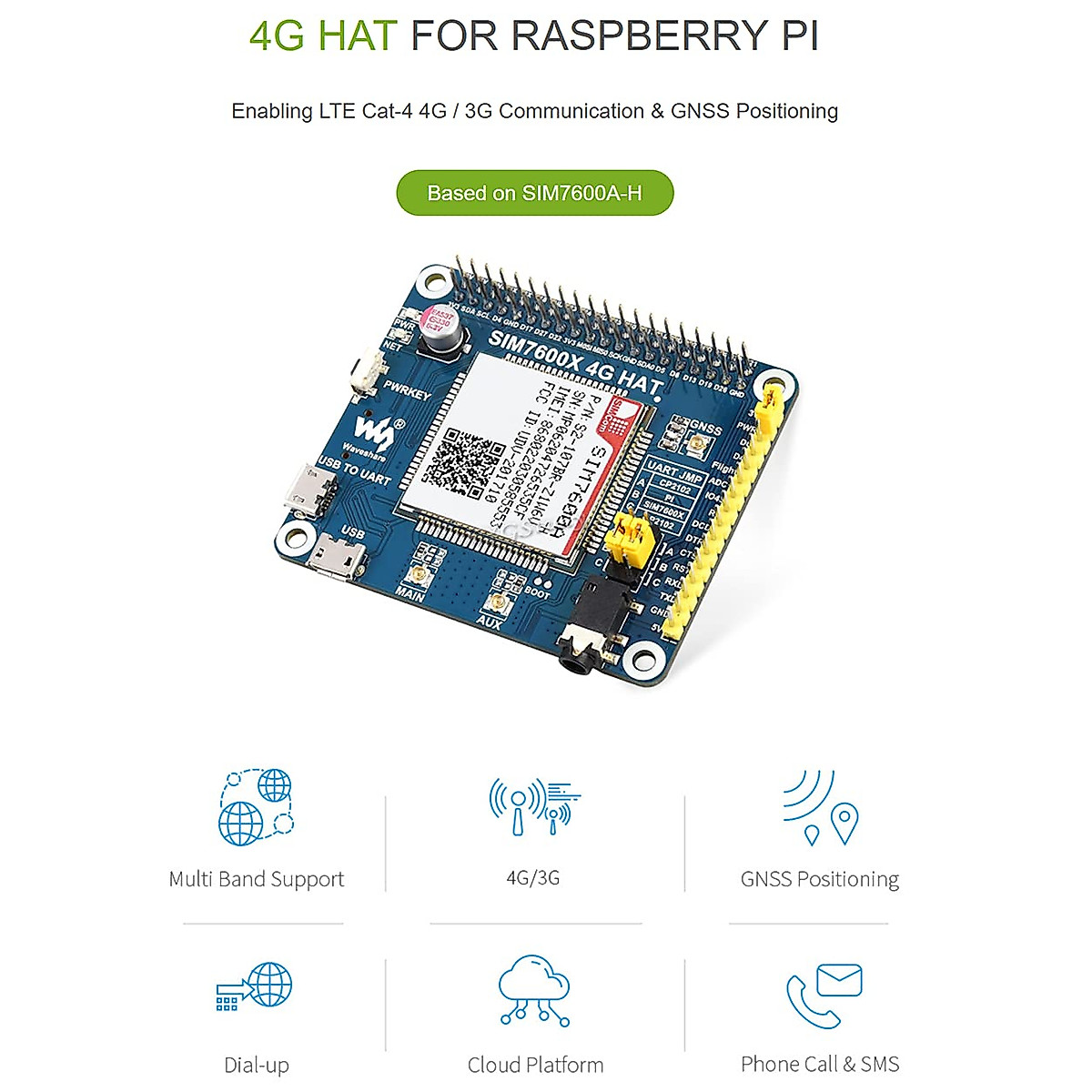 4G 3G GNSS HAT Based on SIM7600A-H LTE CAT4 150Mbps Wireless Communication Telephone Call SMS Compatible with Raspberry Pi 4 3 2 Model B B+ Zero W WH (US CA)@XYGStudy