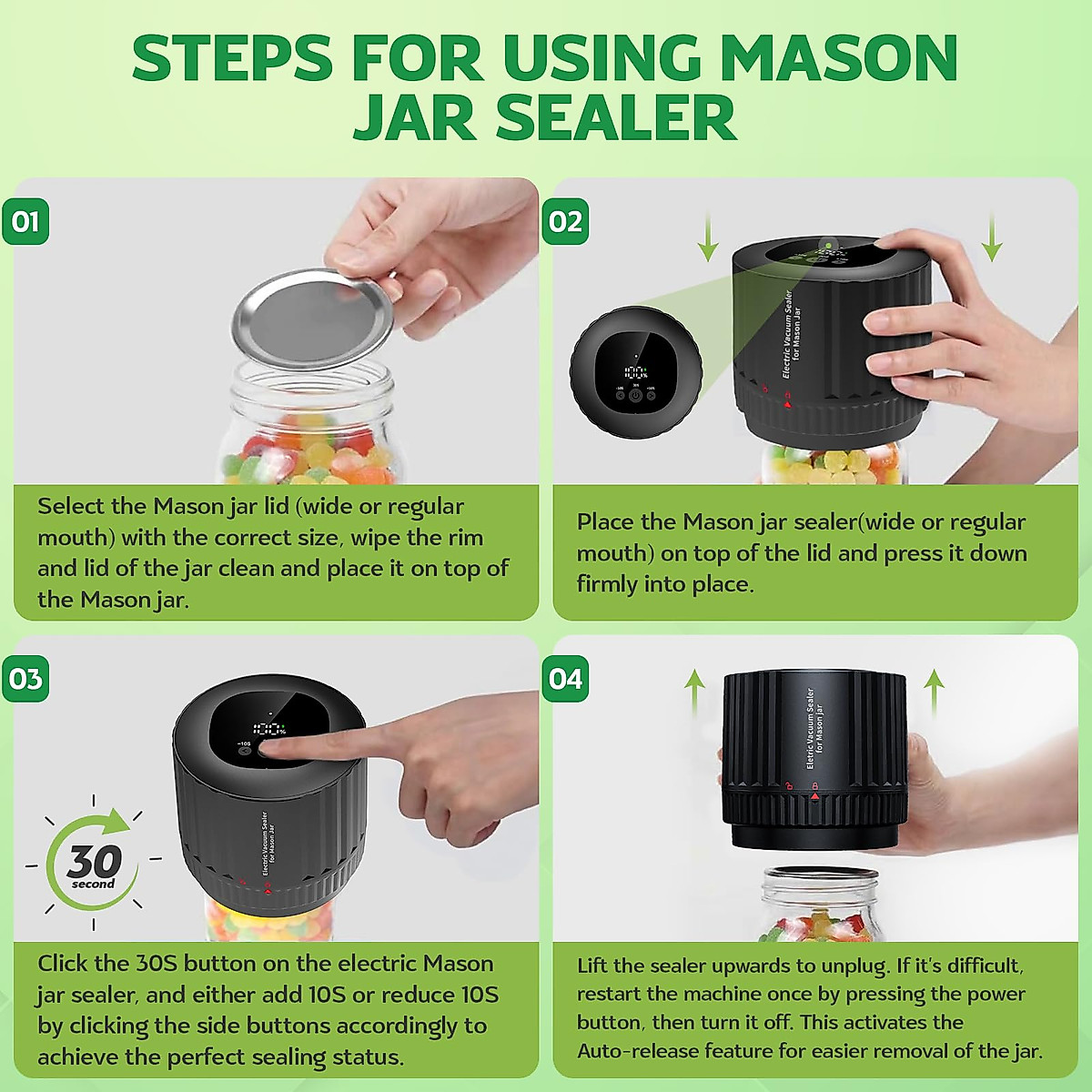 Wizcave Mason Jar Vacuum Sealer, Wide & Regular Mouth Jar sealer for Mason jars Electric Mason Jar Vacuum Sealer Kit for Freeze Dried Food Storage and Preservation