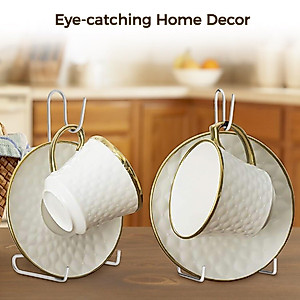 Homaisson Cup and Saucer Display Stand, 8 Pcs Tea Cup and Saucer Holders, Teacup Coffee Mug Organizer Rack, Golden Finish Metal Mug and Saucer Stand for Tea Coffee Cups Plates(Silver)