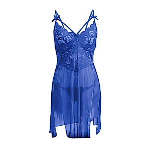 Lingerie for Women Lace Babydoll Chemise High Split Maxi Nightgown Sheer Mesh See Through Sleepwear Teddy Nightie Bridal Nightdress Womens Lingeries Nightgowns for Women Sexy Lingerie for Women Blue