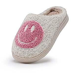 COVS Cute Kids Smile Face Slippers for Girls Boys Soft Plush Happy Face Slippers Non-Slip Toddler Warm House Slippers Little kids smile slippers Indoor Outdoor（Pink 20/21）