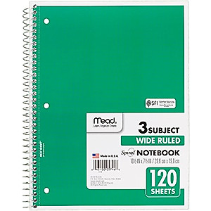 Mead 75698 Spiral Notebook, Wide Ruled, 3 Subject, 120 Sheets, 10.5" x 8", Assorted Colors, 6 Pack