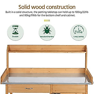 Yaheetech Outdoor Potting Bench Table, Garden Workstation w/Metal Tabletop/Cabinet Drawer/Open Top/Lower Shelf/Handy Hooks for Horticulture, Natural Wood