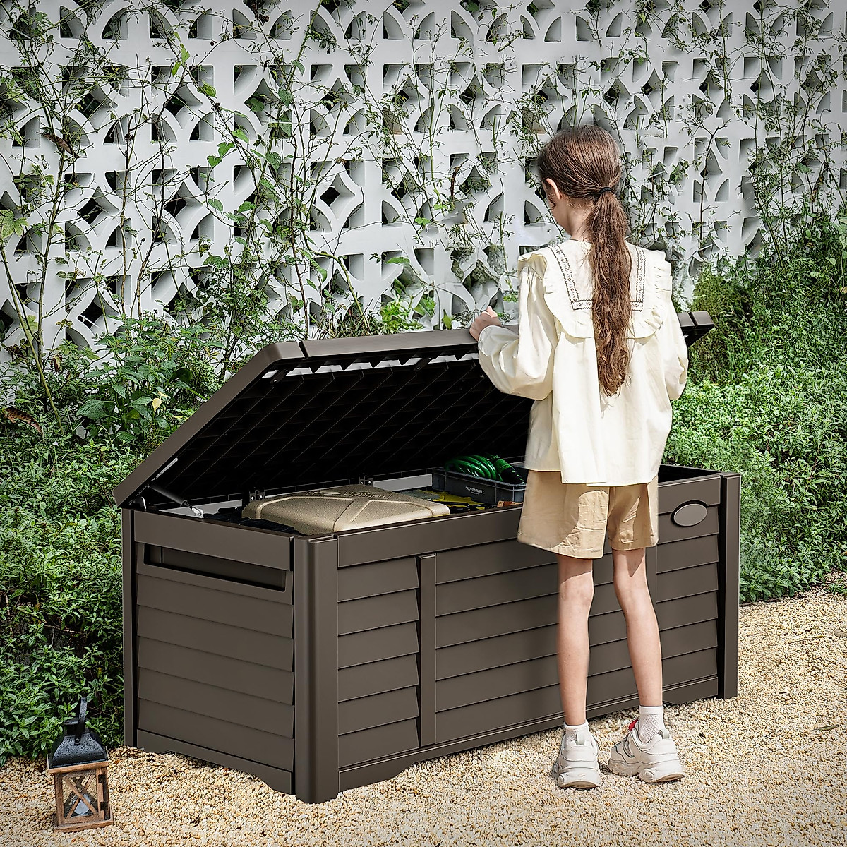 DWVO Large Deck Box 120 Gallon Waterproof Outdoor Storage Box, Extra Large Outdoor Storage Bin, Resin Louvered Patio Storage for Outdoor Pillows, Garden Tools & Pool Supplies, Lockable, Dark Brown