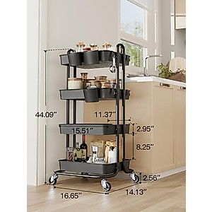 Pipishell 4-Tier Rolling Cart, Utility Cart with Lockable Casters, PP Plastic Storage Baskets, Hanging Cups & Hooks, Rolling Cart for Living Room, Bedroom, Kitchen, Bathroom, Art Studio(Black)