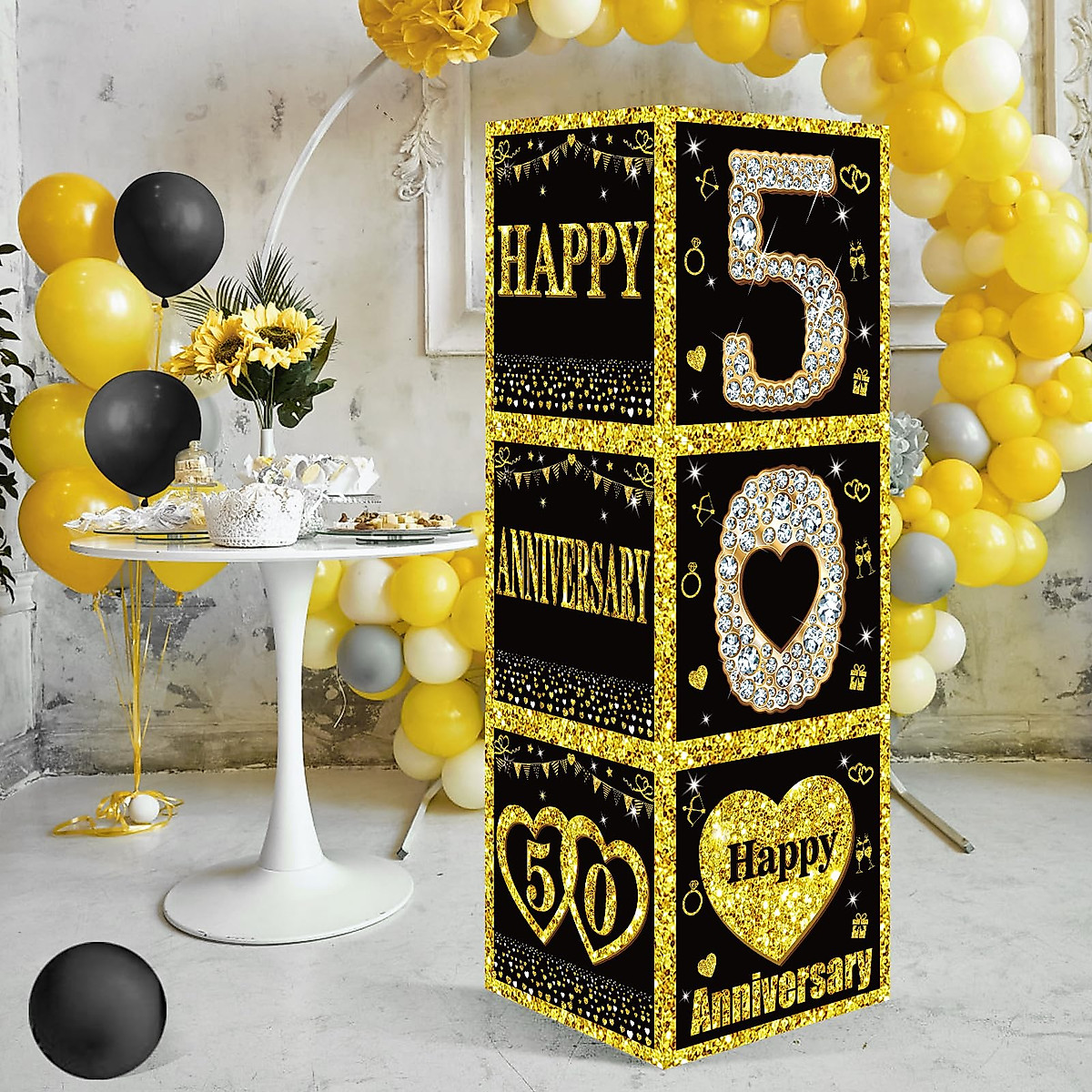 Zirtorei 3Pcs 50th Wedding Anniversary Decorations Boxes, Black Gold Happy 50 Anniversary Balloons Boxes Party Supplies, Fifty Year Old Marriage Anniversary Theme Cardboard Box