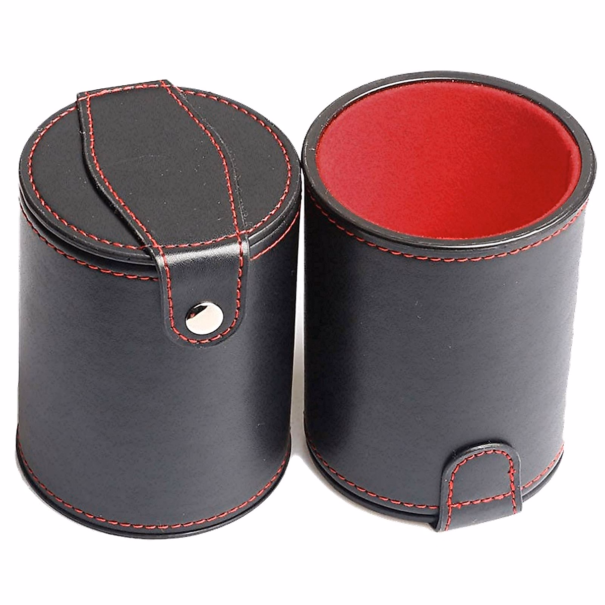 Cyber-Deals Black PU Leather Red Felt Lined Dice Cup with Storage Compartment + 15mm Ivory Tone Pip Dice (3 Sets)