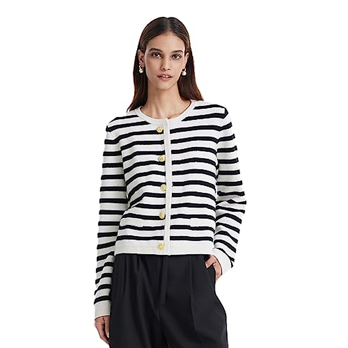 GOELIA Women's Striped Short Cardigan Sweater, Crewneck Button Up Knit Wool Sweaters