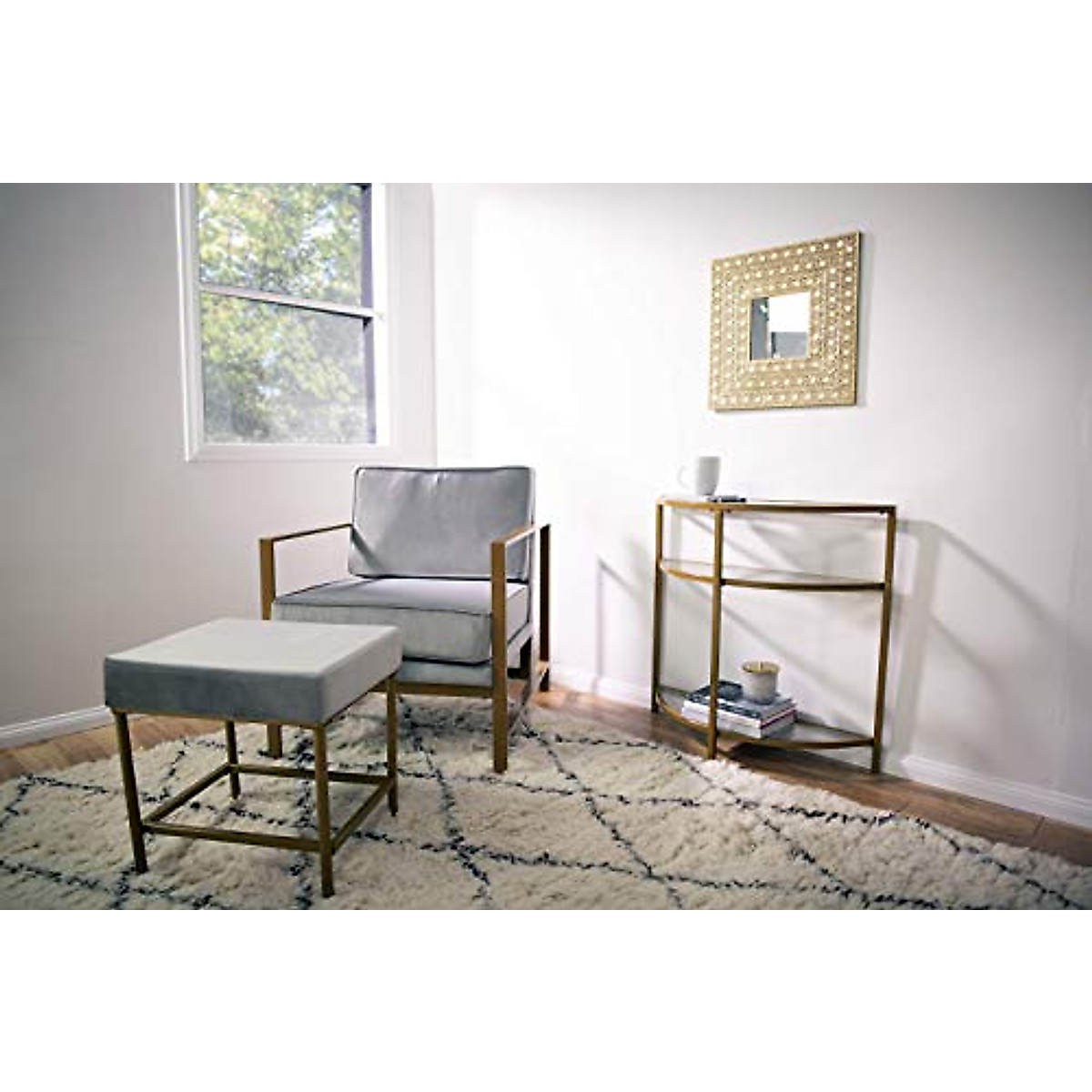 Spatial Order Hudson Modern Velvet Ottoman, Gold Metal Frame, Black