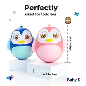 BABY K Penguin Weeble Wobble Toys (Blue) - Tummy Time Wobbler for Montessori Babies - Musical Roly Poly Toy - Shakes, Rolls and Jingles - Developmental Toys for Newborn Infants 3-6, 7-9, 12-18 Months