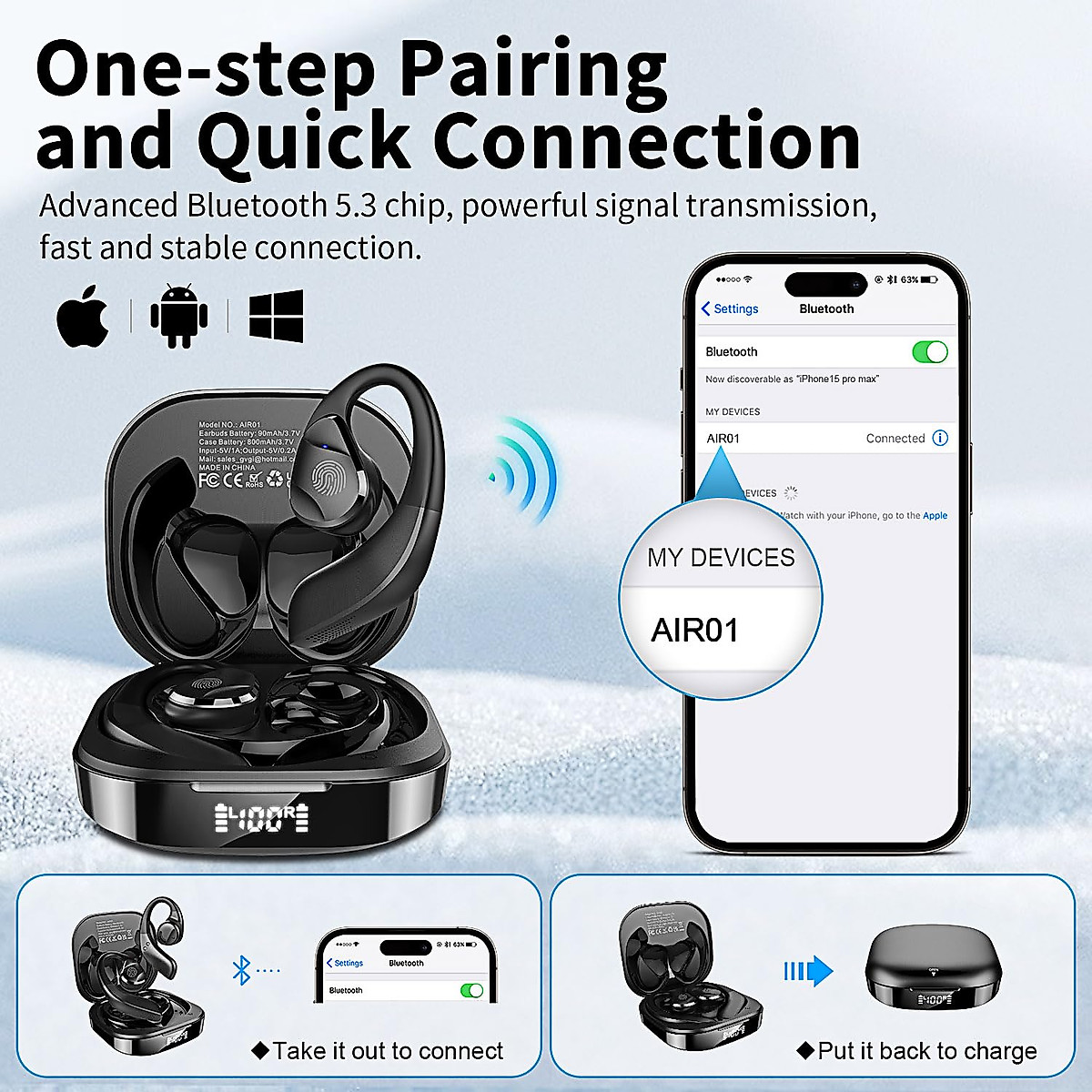 BANIGIPA Open Ear True Wireless Earbuds, Bluetooth 5.3 Headphones w/Immersive Premium Sound, IP54 Waterproof Open-Ear Earbud w/DSP Noise Cancelling Mic for Sports Long-Lasting Comfort, 50H Playtime