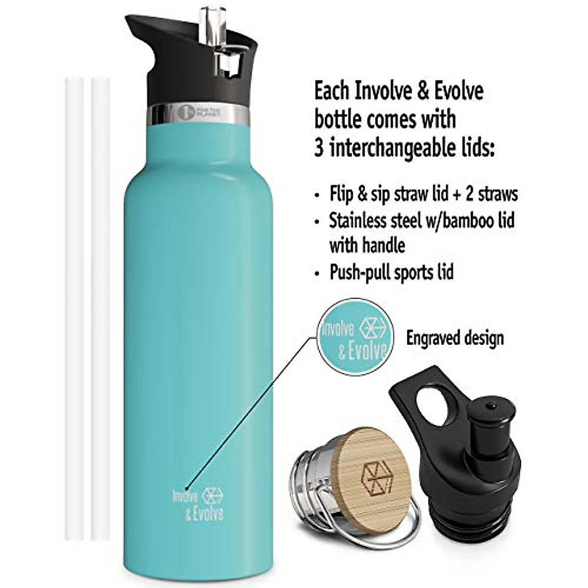Involve & Evolve Insulated Water Bottle with 3 Lids (Straw Lid) Kids Reusable Double Walled Stainless Steel Flask Metal Thermos 12oz 17oz 20oz 25oz (25 oz, Bare Ocean)