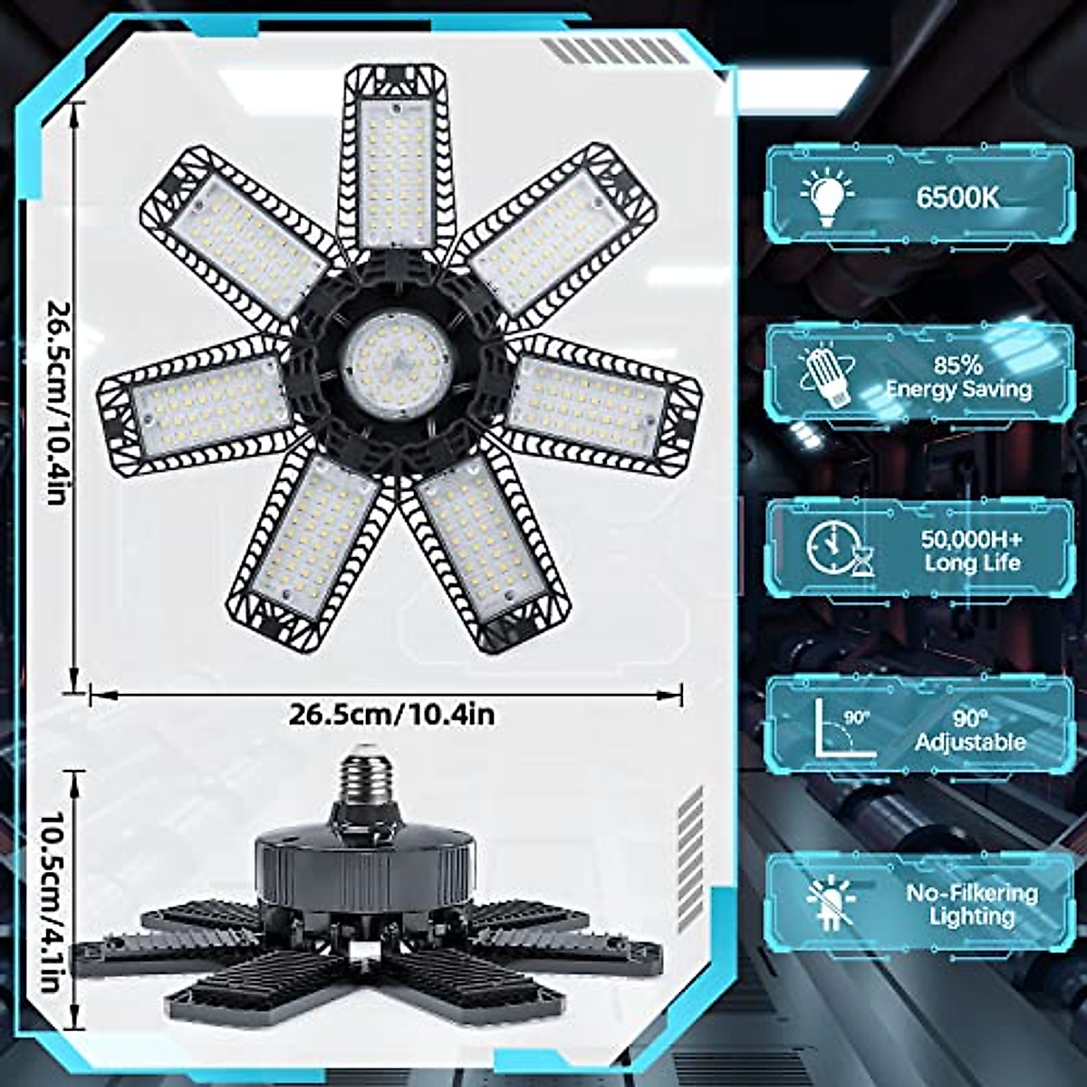ISKYDRAW LED Garage Light - 2 Pack 200W Garage Light with 7+1 Deformable Panels and 20000LM LED Garage Ceiling Lights, Compatible with E26/E27 Base for Garage, Warehouse, Shop, Basement, Storage Room
