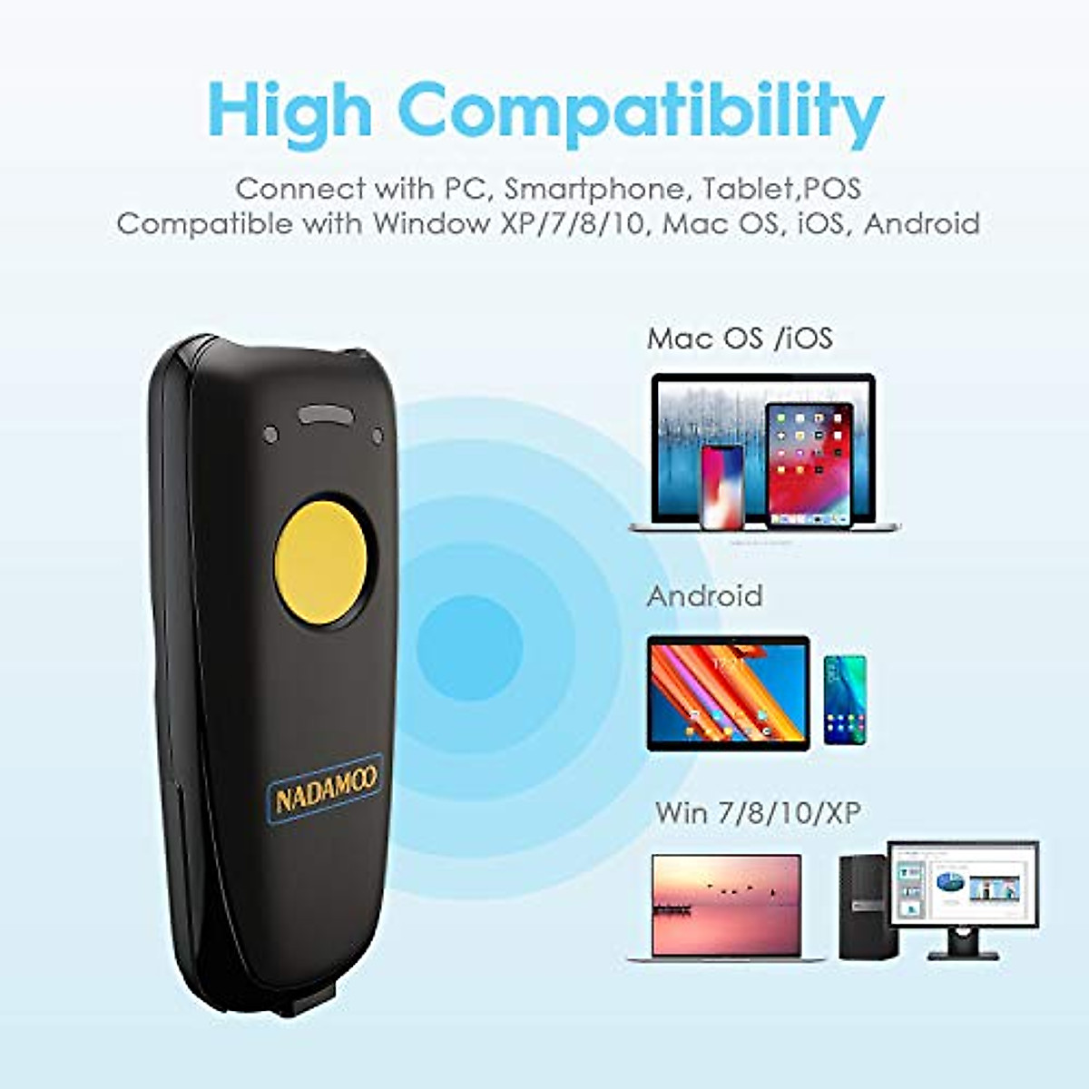 NADAMOO 2D Wireless Barcode Scanner Compatible with Bluetooth, Portable USB 1D 2D QR Code Scanner for Inventory, Bar Code Image Reader for Tablet iPhone iPad Android iOS PC POS, with Charging Dock