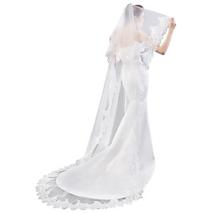 EllieHouse Chapel Length 2 Tier Sequin Lace Wedding Bridal Veil for Bride White
