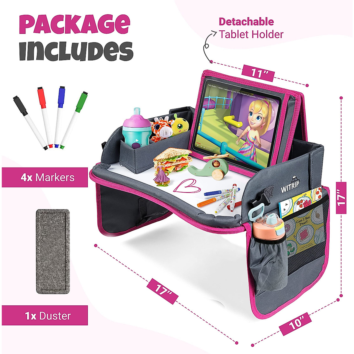 Kids Travel Tray with Dry Erase Board, Car Seat Lap for Food & Play Activity, Carseat Table Trays for Toddler, Kid Activity Desk for Air Travel, No-Drop Tablet Holder & Borders (Grey with Pink Frame)