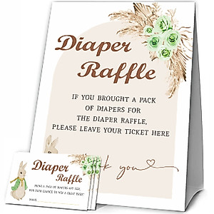 JCVUK Baby Shower Games, 1 Diaper Raffle Standing Sign with 50 Diaper Raffle Tickets,Green Bunny Theme Babyshower Party Decorations and Supplies For Boys or Girls(LBLK-B06)