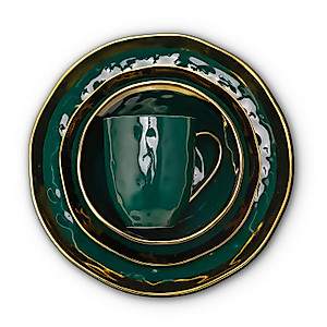 Stone Lain Porcelain 16 Piece Dinnerware Set, Service for 4, Green and Golden Rim