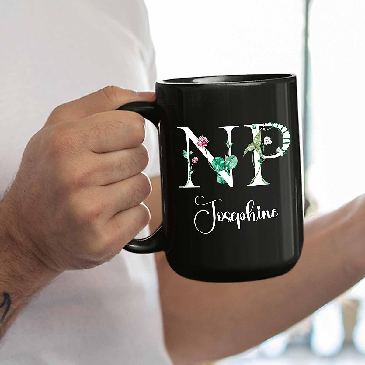 NP Coffee Mug, Personalized Nurse Practitioner Gift, Custom Nurse's Name Mug, Gift for Medical Student Nursing School, NP Mug, Alphabet Letter Monogram Flower NP Tea Cup, Black Mug 11oz, 15oz