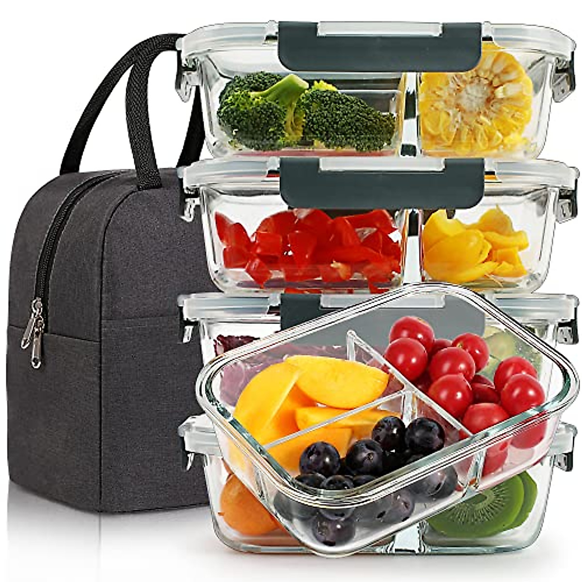 DAS TRUST [5-Packs, 36 oz] Glass Meal Prep Containers 3 Compartment with Lids, Glass Lunch Containers,Food Prep Lunch Box,Bento Box,Microwave, Oven, Freezer, Dishwasher (4.5 Cups, Gray)