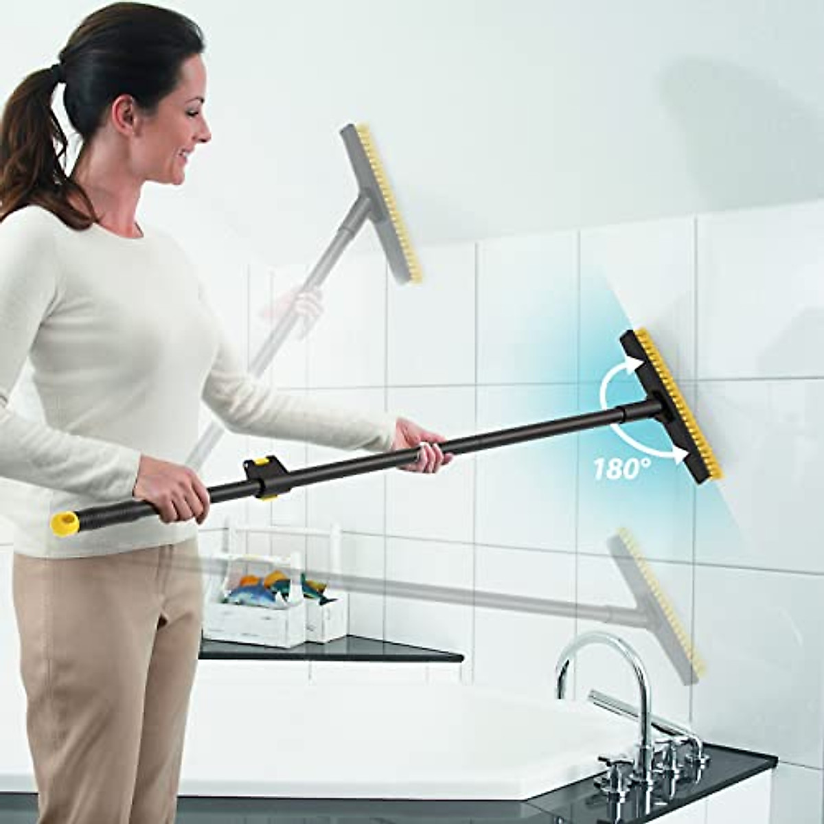 Bonpally Grout Scrub Brush with 57" Telescopic Handle, Shower Floor Brush Scrubber with V-shape Stiff Bristles,Grout Cleaner Brush for Cleaning Tile,Bathroom,Kitchen,Hard to Reach Corners Areas,Yellow