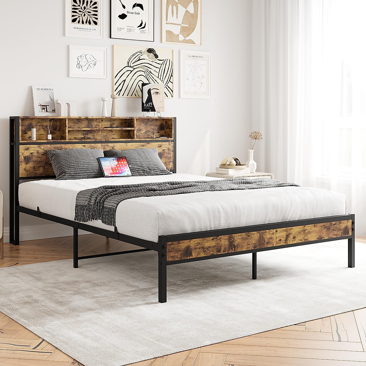 MegaChunk Queen Bed Frame with Storage Headboard, Metal Platform Bed with Charging Station, Bookcase Storage, No Box Spring Needed, Easy Assembly, Noise-Free, Black