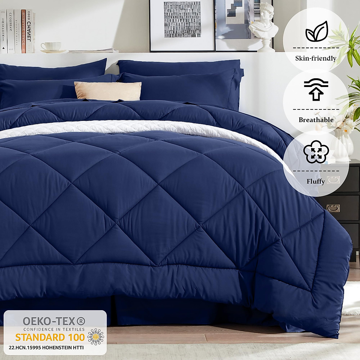 Newspin Twin Bed in a Bag 6 Pieces Comforter Set, Blue All Season Bed Set, Twin Bedding Sets with Comforter and Sheets, Pillow Sham, Flat Sheet, Fitted Sheet, Pillowcase and Bed Skirt