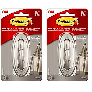 Command Large Traditional Plastic Hook, Brushed Nickel, 1-Hook, 2-Strips, Organize Damage-Free (Pack of 2)