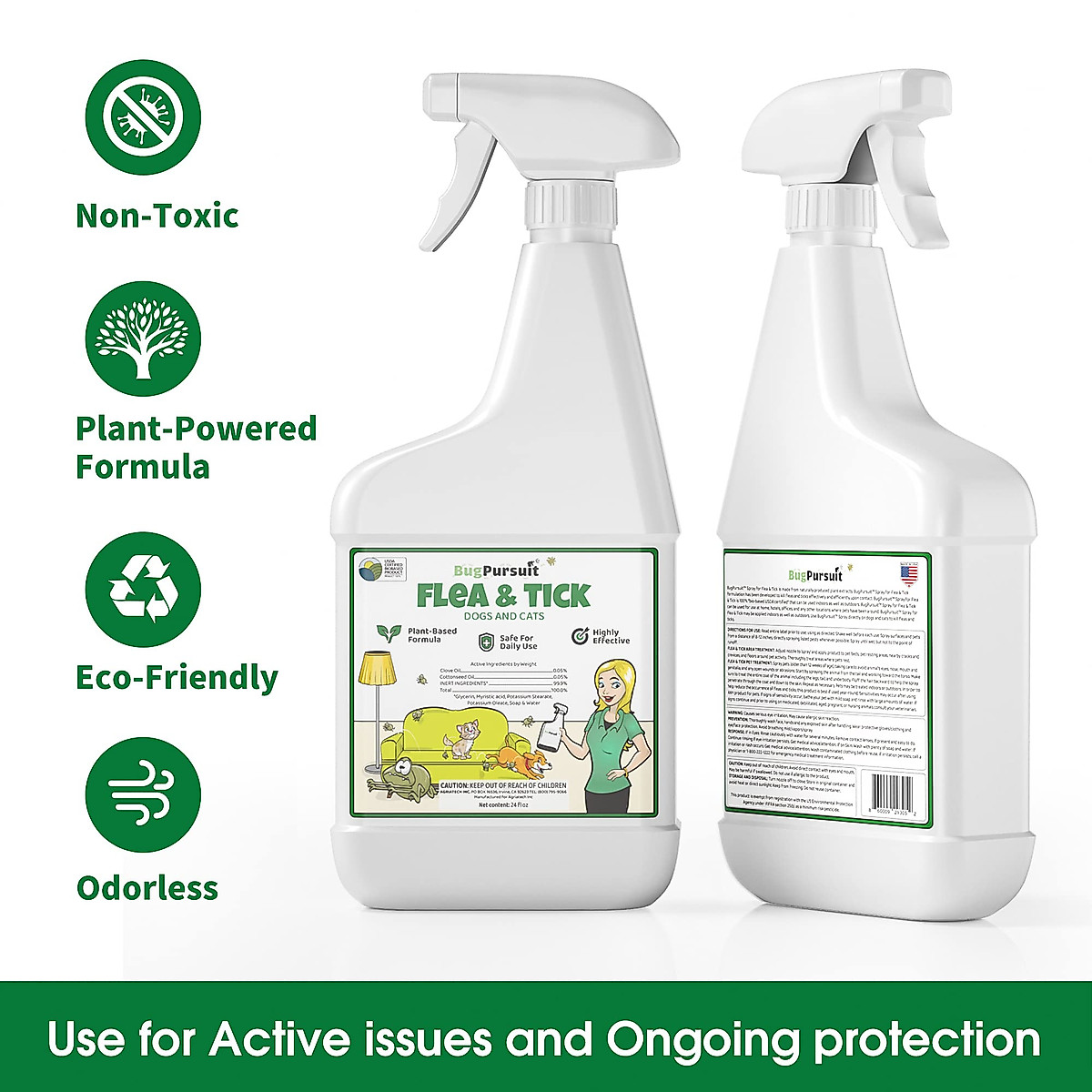 BugPursuit 24oz Flea &Tick Spray, Flea and Tick Prevention for Dogs, Cats, Non-Toxic, Safe for Pets & Kids, Flea and Tick Spray for Home, Killer Flea, Tick, Lice, 100% USDA Biobased, Made in USA