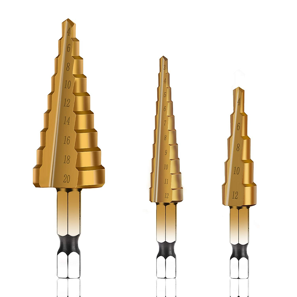 3Pcs HSS Titanium Coated Step Drill Bit Set, 1/4" Hex Shank Drive Quick Change High Speed Steel Cone Drill Bit for Sheet Metal Wood Plastic Hole Drilling Cutting (Metric 3-12mm/ 4-12mm/4-20mm)