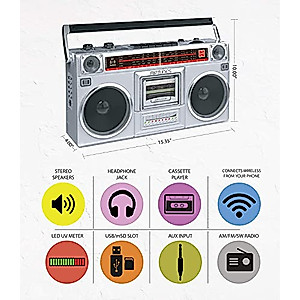 Riptunes Boombox Radio Cassette Player Recorder, AM/FM -SW1/SW2 Radio, Wireless Streaming, USB/Micro SD Slots, Aux in, Headphone Jack, Convert Cassettes to USB/SD, Classic 80s Style Retro, Black