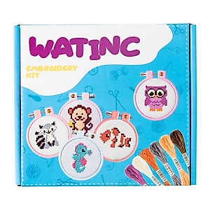 WATINC Embroidery Stitch Kit Cross Stitch Beginner Kit for Kids Stamped Cross Stitch Sewing Kit with Puppies Pattern Needle Point Starter Kit Sewing Set with Instructions 18PCS