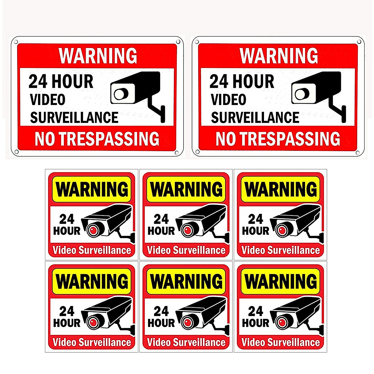 WISLIFE Video Surveillance Sign Set, 2 (10" X 7") Aluminum Warning Signs & 6 (6"X6") Window Stickers, Video Security Signs