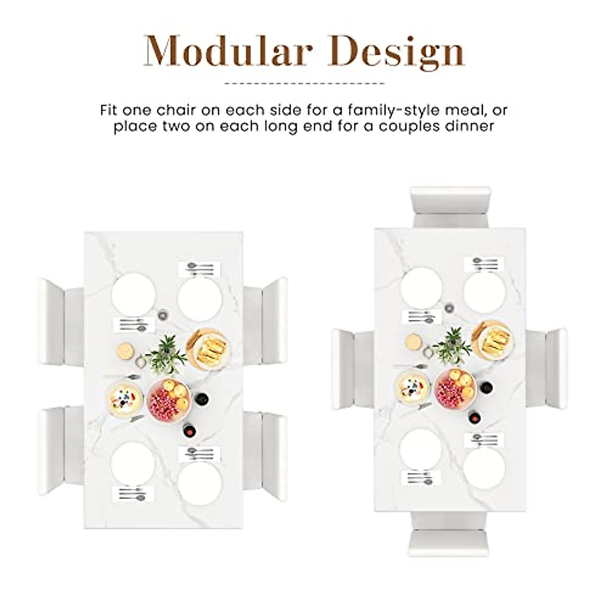 tantohom Faux Marble Dining Table Set, Compact Kitchen Table and Chairs for 4, 5 Pieces Dining Room Table Set with 4 Leather Upholstery Chairs for Small Space, Living Room, Breakfast Nook, All White